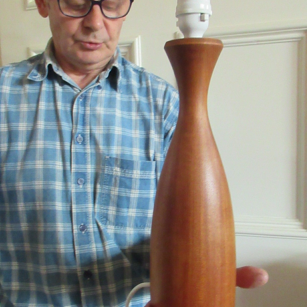 TALL Scandinavian Style Turned Teak Table Lamp. WORKING & Recently Ful – Iconic Edinburgh