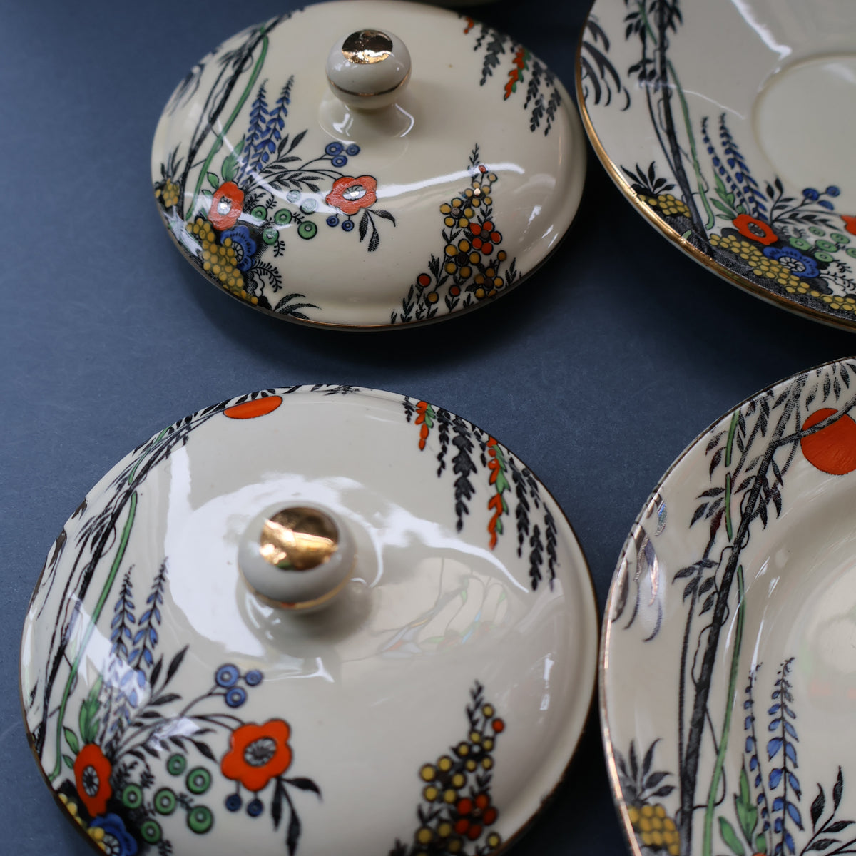 PAIR OF Royal Cauldron Clare de Lune. Lidded Cups, Saucers and Side Pl ...