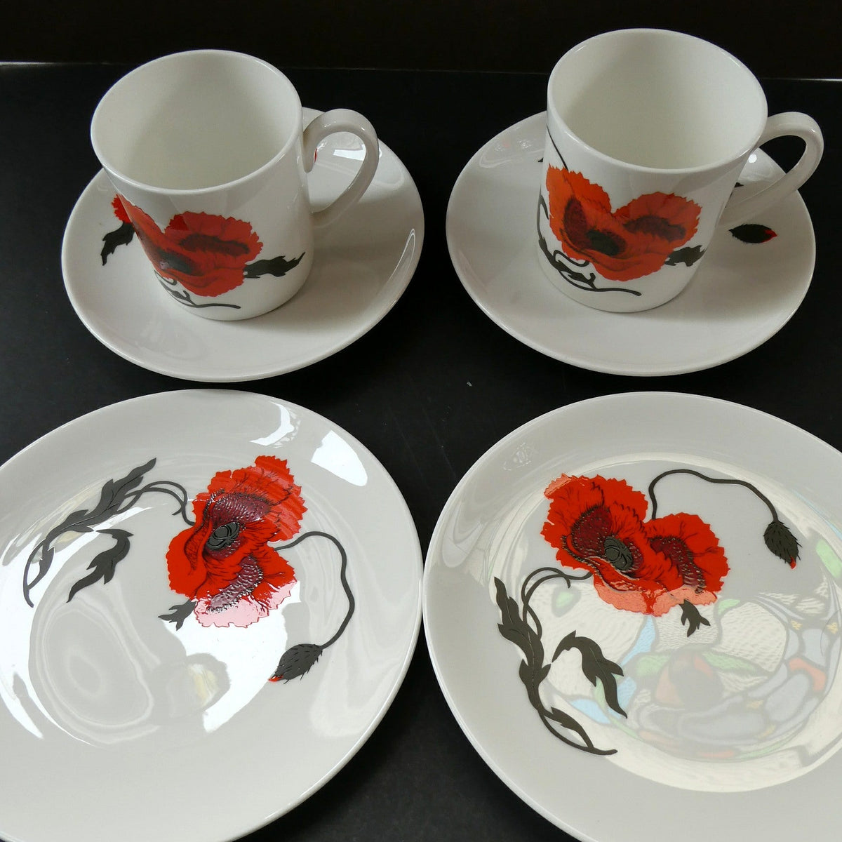 SUSIE COOPER for WEDGWOOD. 1971 Cornpoppy Design. PAIR OF TRIOS. Cup ...