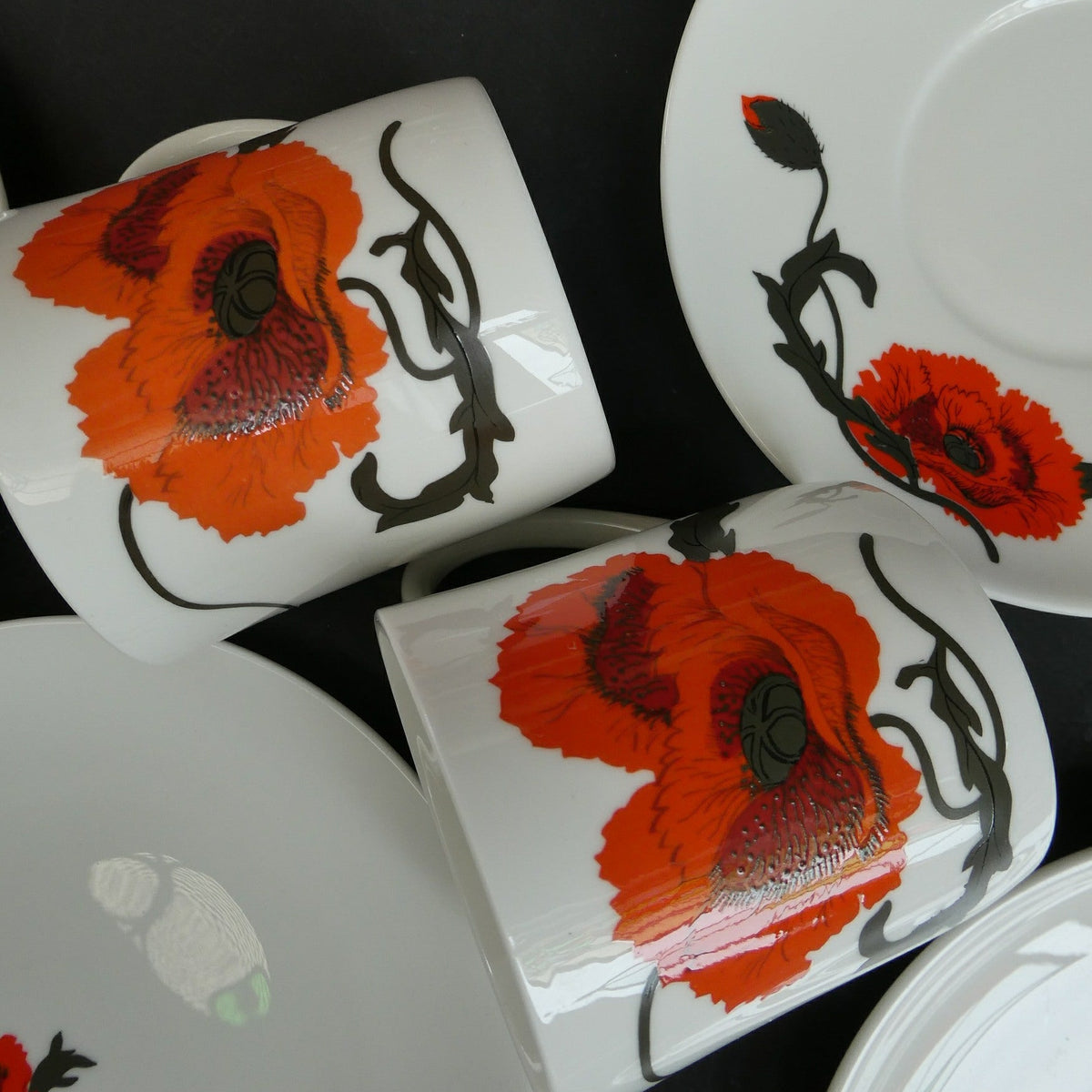 SUSIE COOPER for WEDGWOOD. 1971 Cornpoppy Design. PAIR OF TRIOS. Cup ...