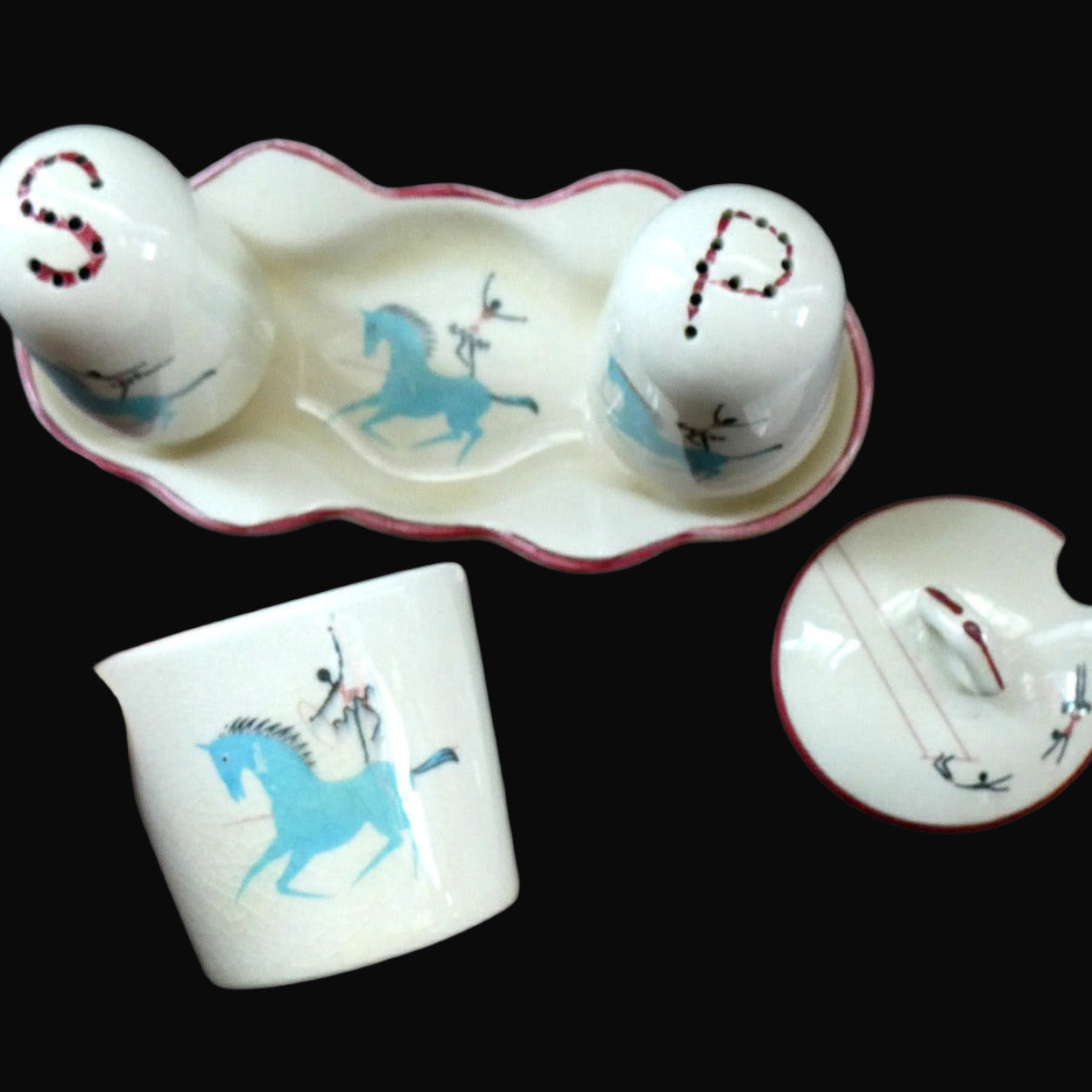 (A) Fabulous 1950s Beswick CIRCUS PATTERN Ceramic Cruet Set and Stand ...
