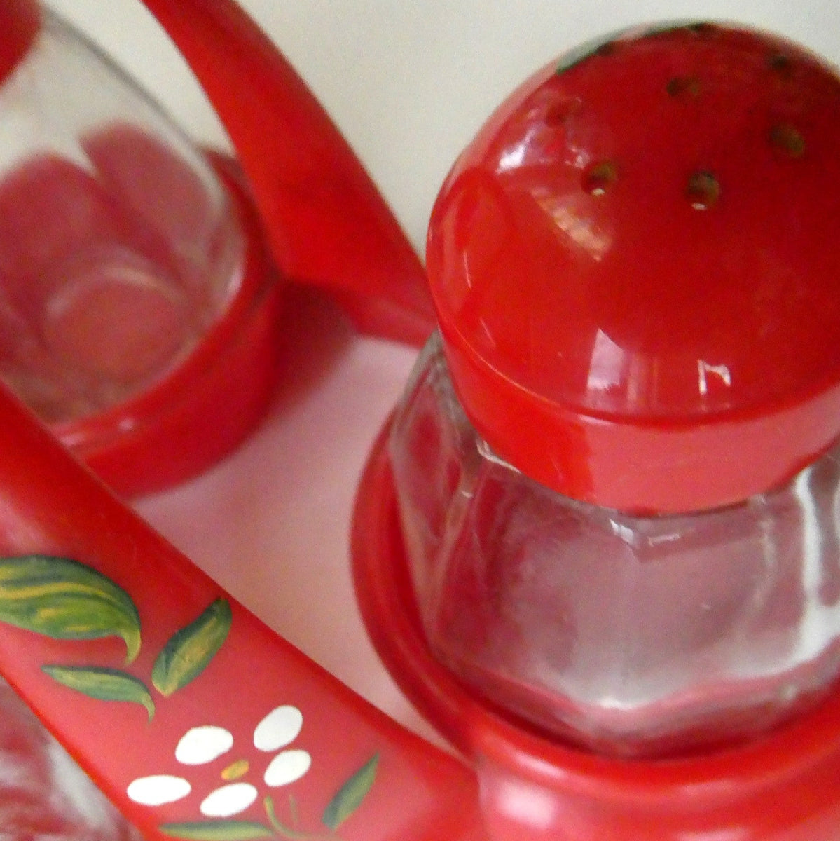 Vintage 1950s "Embee" Hard Red Plastic and Glass Space-Age Cruet Set ...