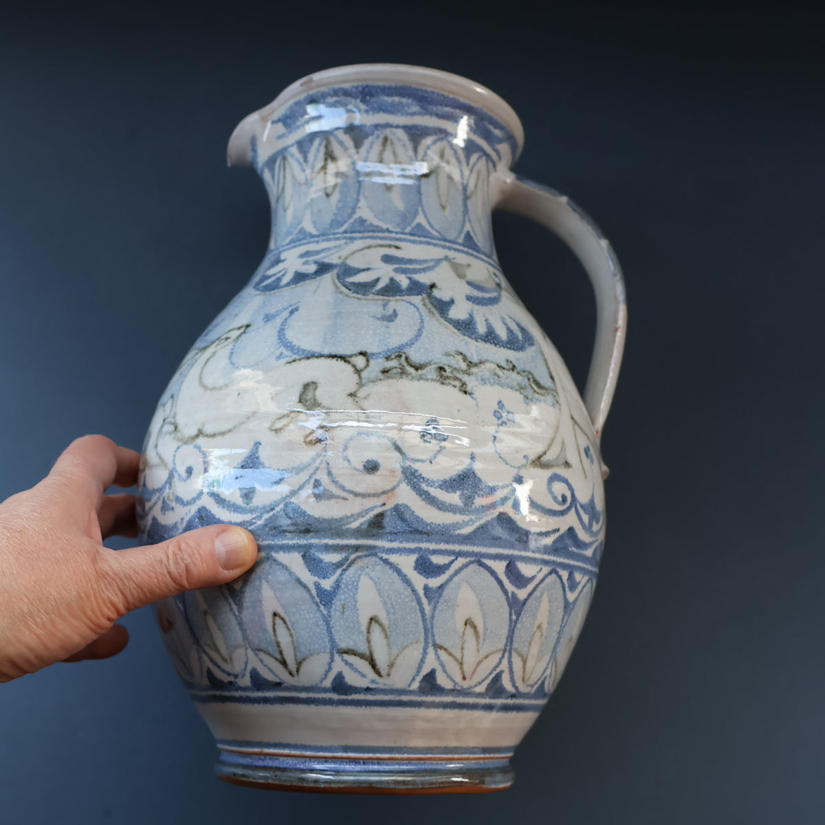 Large Aldermaston Pottery Tin-Glaze Pottery Jug or Pitcher with Hand P ...