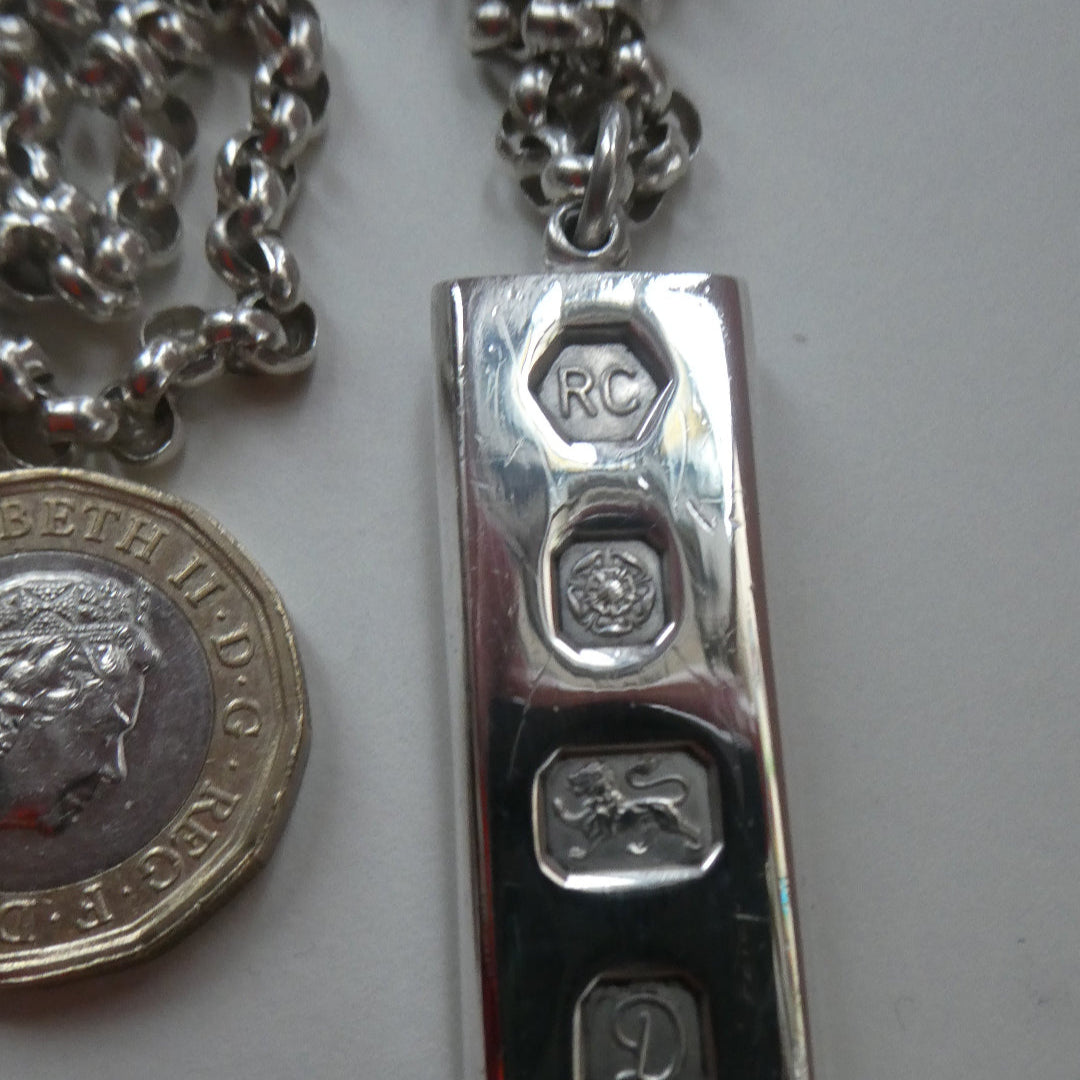 1970s Vintage "RC" Sterling Silver Ingot PENDANT & Heavy Rolo CHAIN. H ...