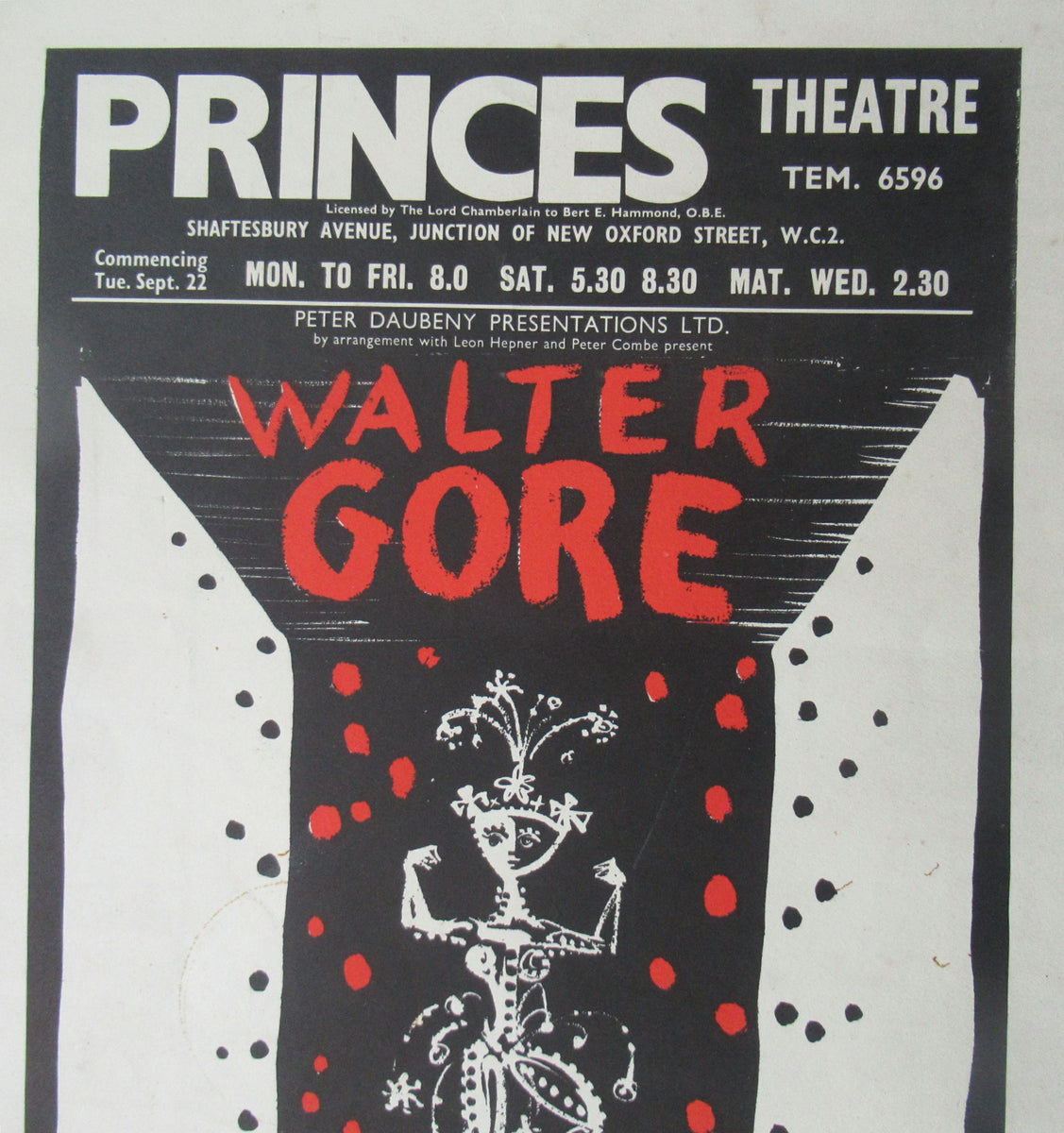 RARE SURVIVOR. 1950s / 1960s London Theatre Poster for the Walter Gore ...