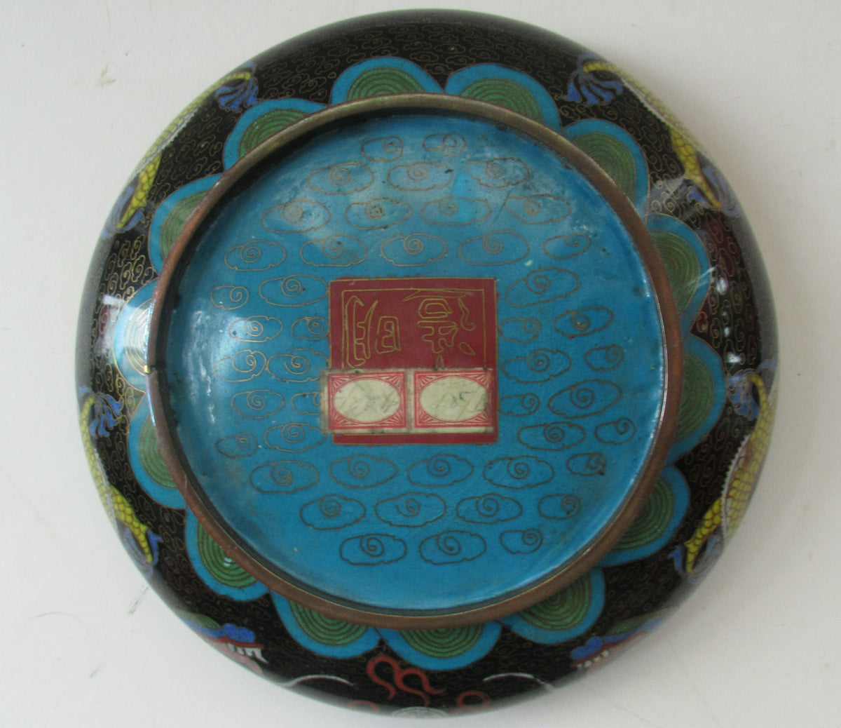Antique Chinese Cloisonne Shallow Bowl with Five-Toed Dragon and Flami ...