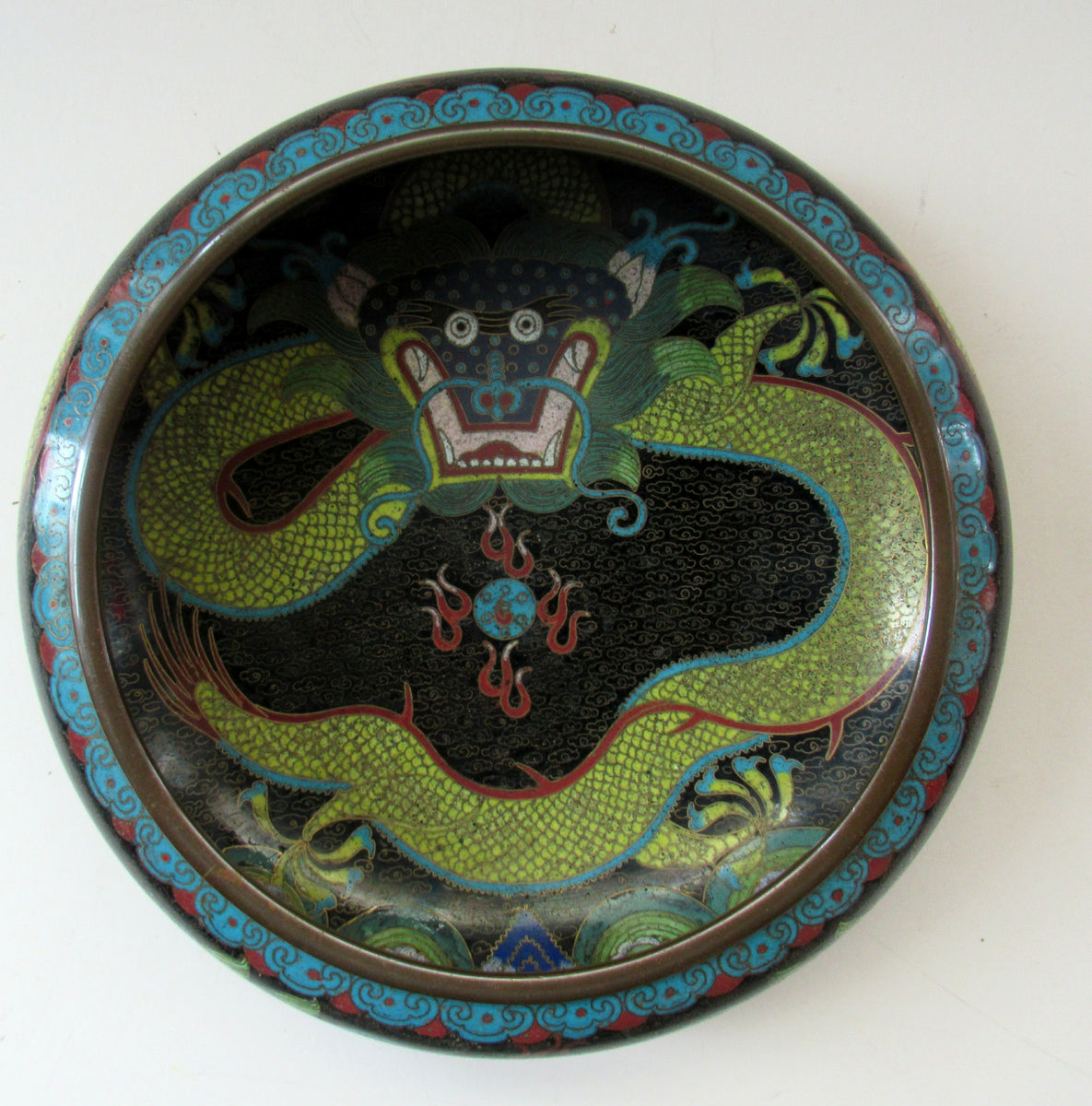 Antique 1900s Chinese Cloisonne Shallow Bowl with Five-Toed Dragon and ...