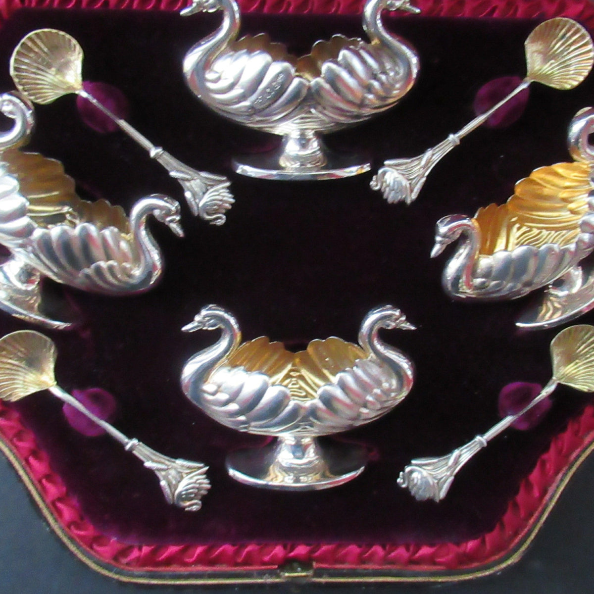VERY RARE Victorian Cased Set of Silver & Gilt Lined Swan SALT DISHES ...