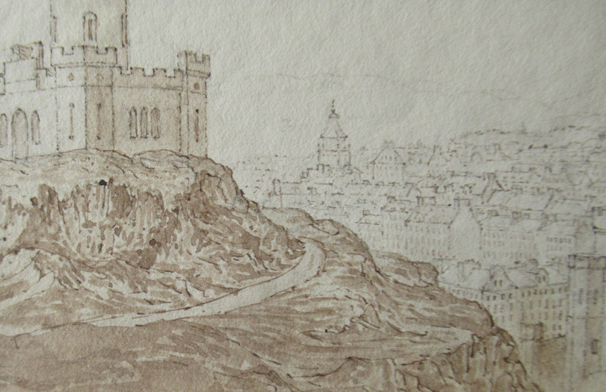 SCOTTISH ART. Antique TOPOGRAPHICAL Pencil Sketch of Edinburgh from Ca ...
