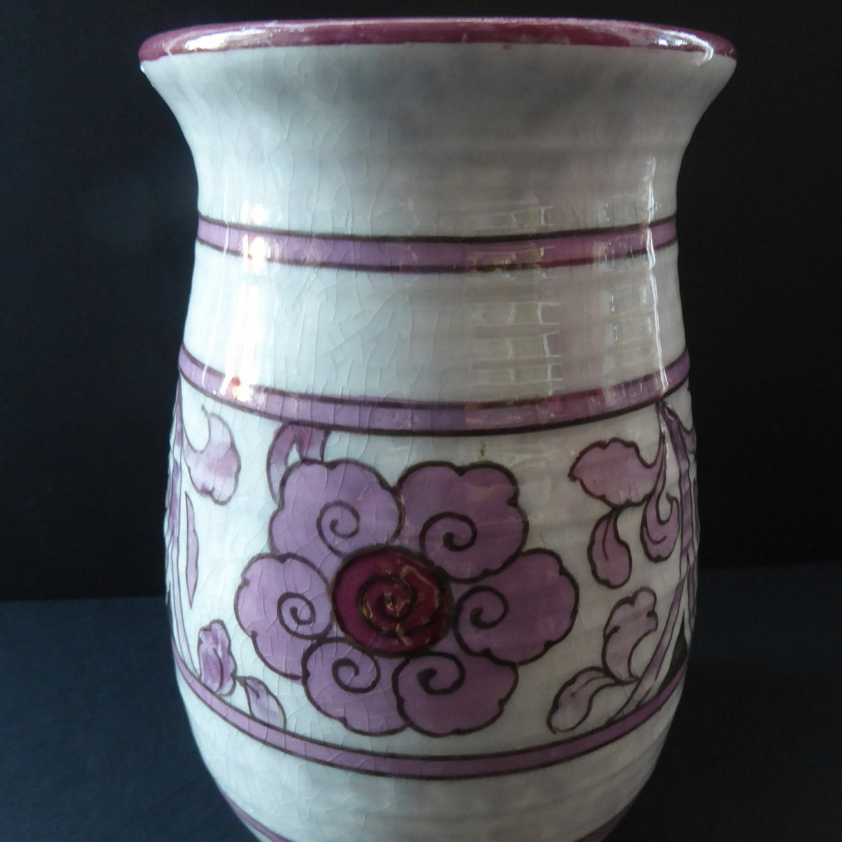 1930s CROWN DUCAL Vase. Charlotte Rhead Design with Pink Tube Lined Fl ...